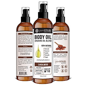 pureSCRUBS Ultra Moisturizing Sandalwood Body Oil Spray For Dry Skin, Massage, Cuticles & More, Organic Blend of Jojoba, Argan, Coconut, Sweet Almond & Avocado Oils Enriched with Vitamin E, Lg 4oz