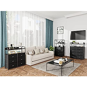 Furologee 6 Drawer Dresser Fabric, Double Shelf Black Closet Organizer Storage Tower Unit for Bedroom, Living Room Entryway, Rustic Bins, Sturdy Metal Frame