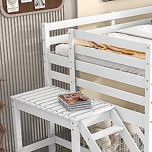 Dolonm Full Loft Bed with Platform, Wooden Low Height Loft Bed Frame with Ladder, Metal Loft Bed Frame for Kids Teens Adults, Full Size for Bedrooms, White