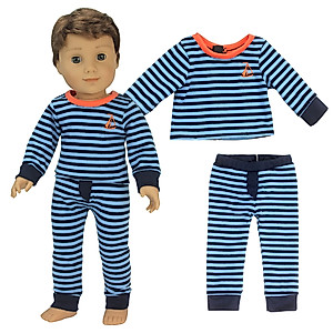 Sophia's Blue Striped Pajama Shirt with Long Sleeves and Orange Sailboat Embroidery Detail Plus Matching Pants 2 Piece Set for 18" Boy Dolls, Blue