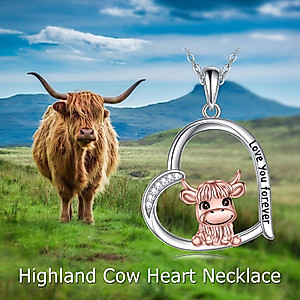 YAFEINI Highland Cow Necklace Sterling Silver Heart Highland Cow Pendant Necklace Scottish Jewelry for Women Cow Lover Gifts