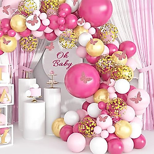 Pateeha Pink Balloon Garland Arch Kit 140 Pcs Hot Pink Gold Balloon Arch Baby Shower Decorations for Girl Butterfly Stickers Gold Confetti Latex Balloons for Birthday Bridal Shower Party Decorations