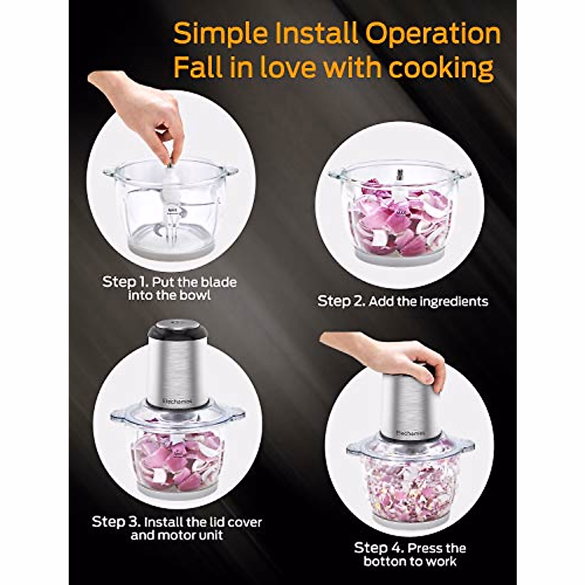 Electric Food Processor & Vegetable Chopper, Elechomes High Capacity 8-Cup Blender Grinder for Meat, Onion, Powerful 300W Motor & 4 Detachable Dual Layer Stainless Steel Blades, BPA-Free Glass Bowl