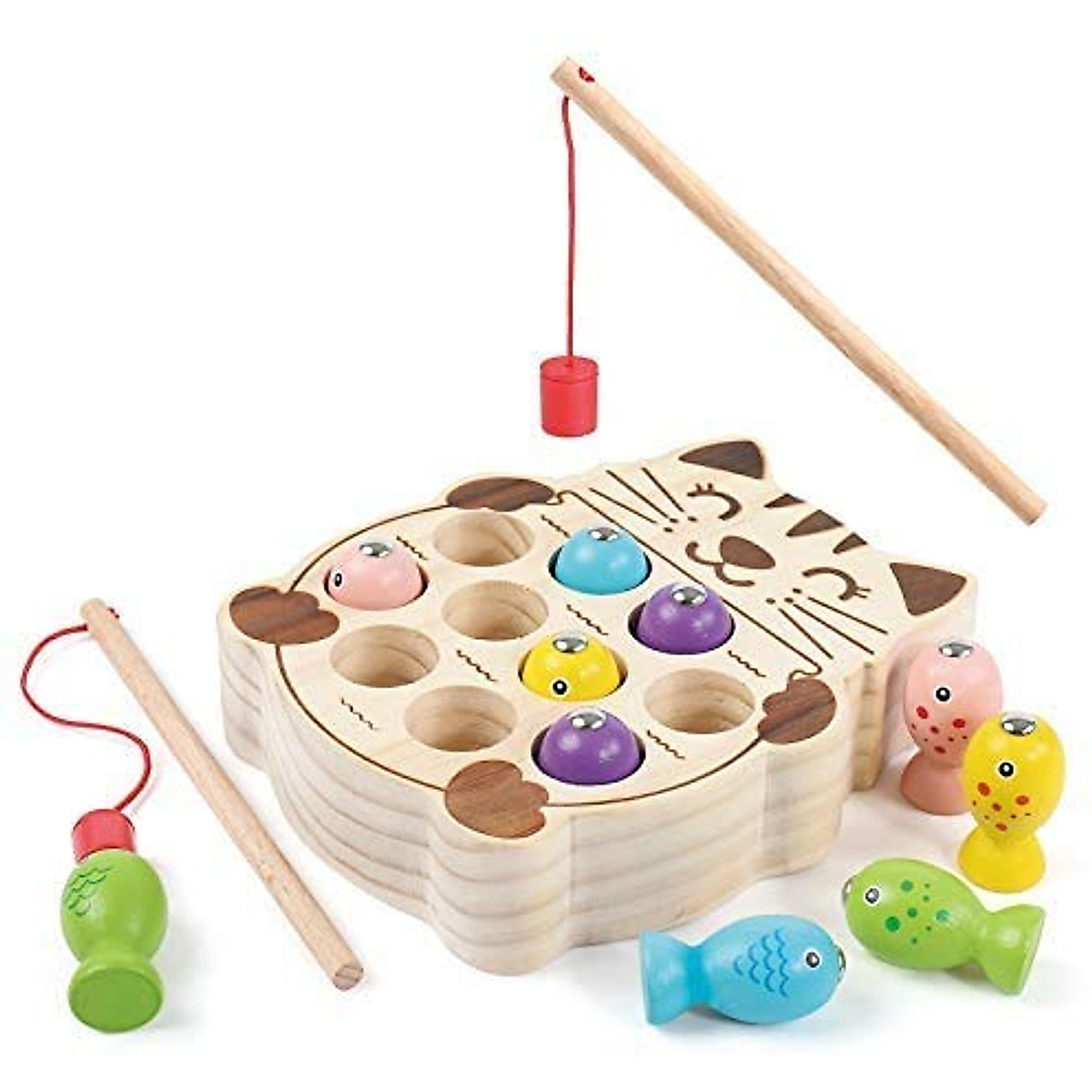 enlitoys Wooden Fishing Game Montessori Toys for Toddlers Magnetic Cat-Shape Fishing Toy Fine Motor Skill Learning with Fishing Pole Fishes Preschool Gifts for Kids Children