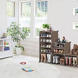 YIHATA Shoe Rack Cabinet 16 Pair Shoe Storage Cabinet with Doors for Entryway 8-Tier Plastic Shoe Shelves with Covered DIY Freestanding Shoe Tower for Closet Entryway Hallway Bedroom (Coffee)