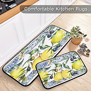 Washable Kitchen Rugs Set 2 Piece Watercolor Lemon Olive Branches Anti Fatigue Floor Mats Bathroom Carpet, 27"x19" and 47"x19"