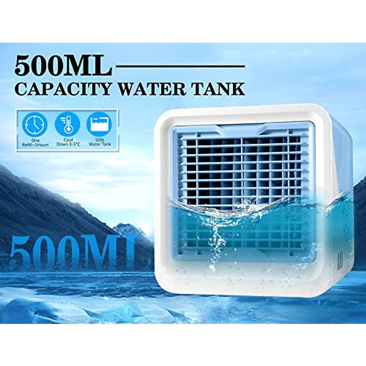Portable Air Conditioner, 3-IN-Evaporative Air Conditioner in 3 Speed, USB Personal Mini Air Cooler with LED Light for Bedroom, Office, Living Room & More