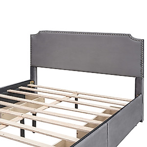 Yehha Queen Size Bed Frame w/Stud Trim Headboard & 4 Storage Drawers, Upholstered Platform Bedframe w/Wooden Slats Support & Capacity 500LBS, No Box Spring Needed, Gray