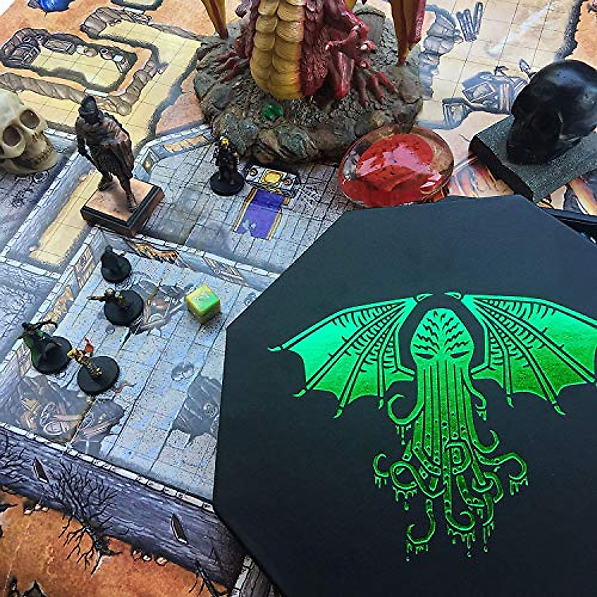 Fantasydice-Cthulhu Tome-Green - Dice Tray - 9" Octagon with Lid and Dice Staging Area- Holds 5 Sets(7 Dice Set/Standard) for All Tabletop RPGs Like D&D, Call of Cthulhu, Shadowrun.