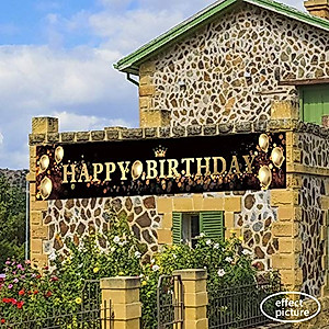 Ushinemi Happy Birthday Banner Party Signs for Birthday Backdrop, Large, Black and Gold