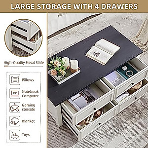 48” Modern Farmhouse Wood Coffee Table with 4 Large Storage Drawers; Decorative Rustic Living Room Coffee Table; Work from Home, Office and Living Room Storage for Books, Desk Supplies, Games, Blanket