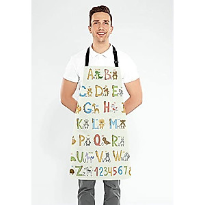 Lefolen Alphabet with Cartoon Animals Bib Apron with Adjustable Neck for Men Women,Suitable for Home Kitchen Cooking Waitress Chef Grill Bistro Baking Apron