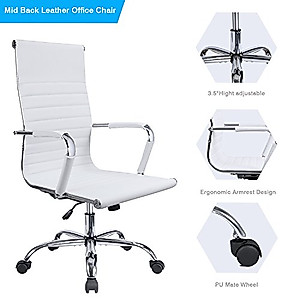 Devoko Office Desk Chair Mid Back Leather Height Adjustable Swivel Ribbed Chairs Ergonomic Executive Conference Task Chair with Arms (White)