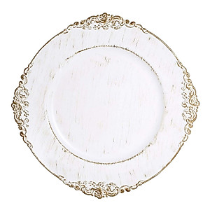 Efavormart 6 Pack White 13" Round Baroque Charger Plates Leaf Embossed Antique Gold Rim for Tabletop Decor Catering Event