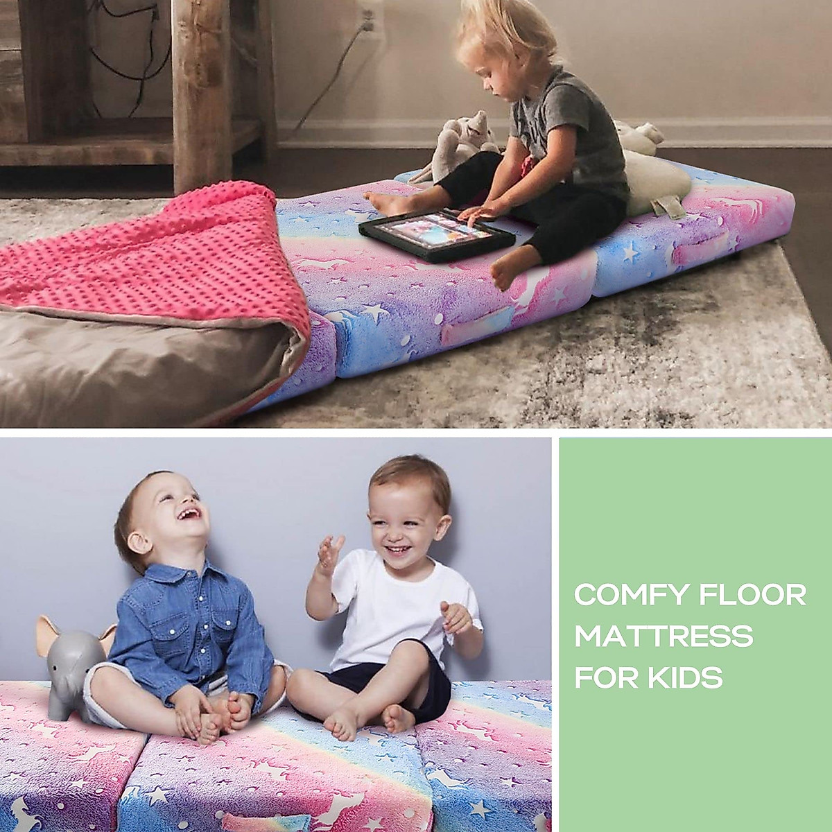 MeMoreCool Glow Rainbow Unicorn Foldable Floor Mattress for Kids, Trifold Nap Mat for Toddlers, Portable Daycare Sleeping Futon or Floor Bed, 63x26 Inch