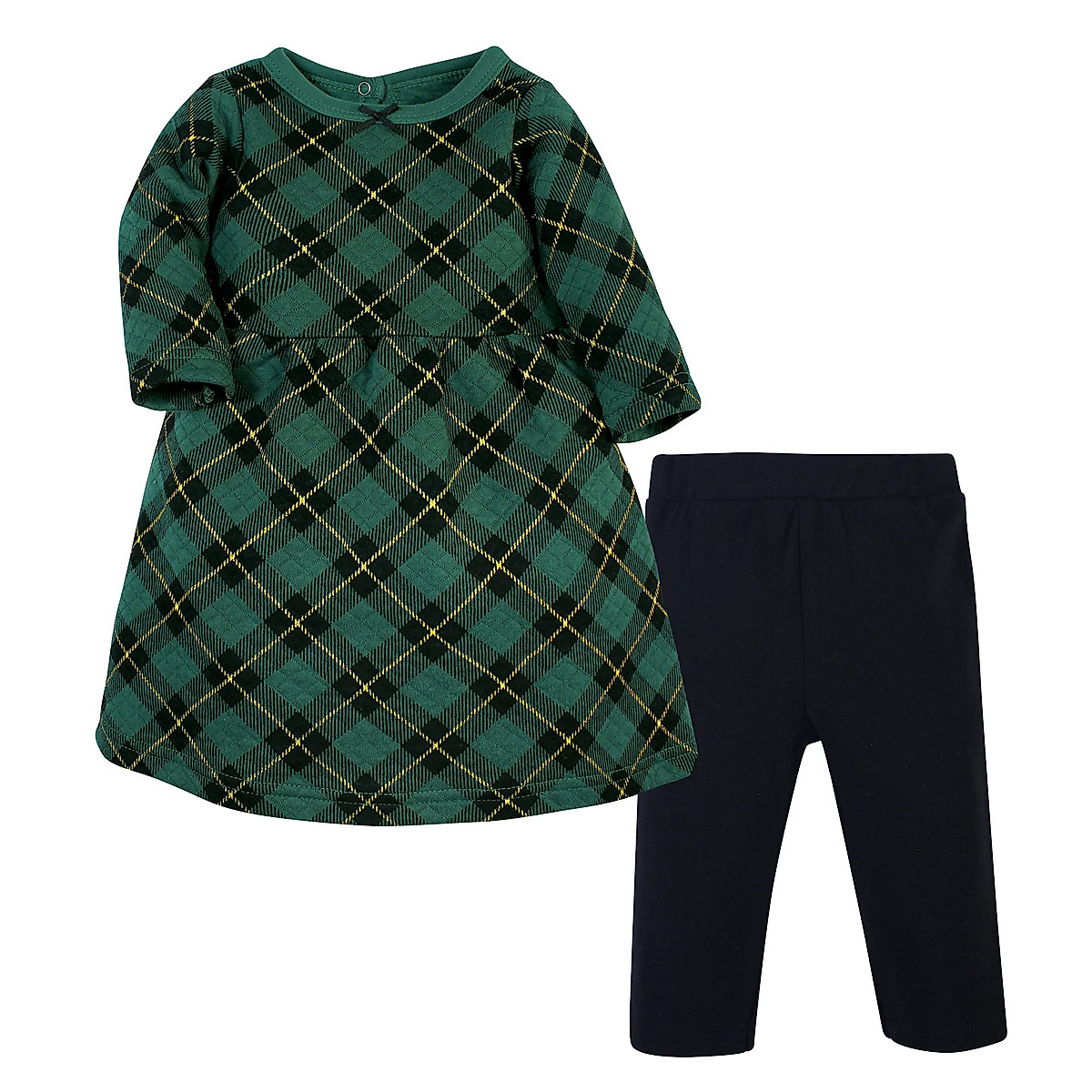 Hudson Baby Infant and Toddler Girl Quilted Cotton Dress and Leggings, Forest Green Plaid, 18-24 Months