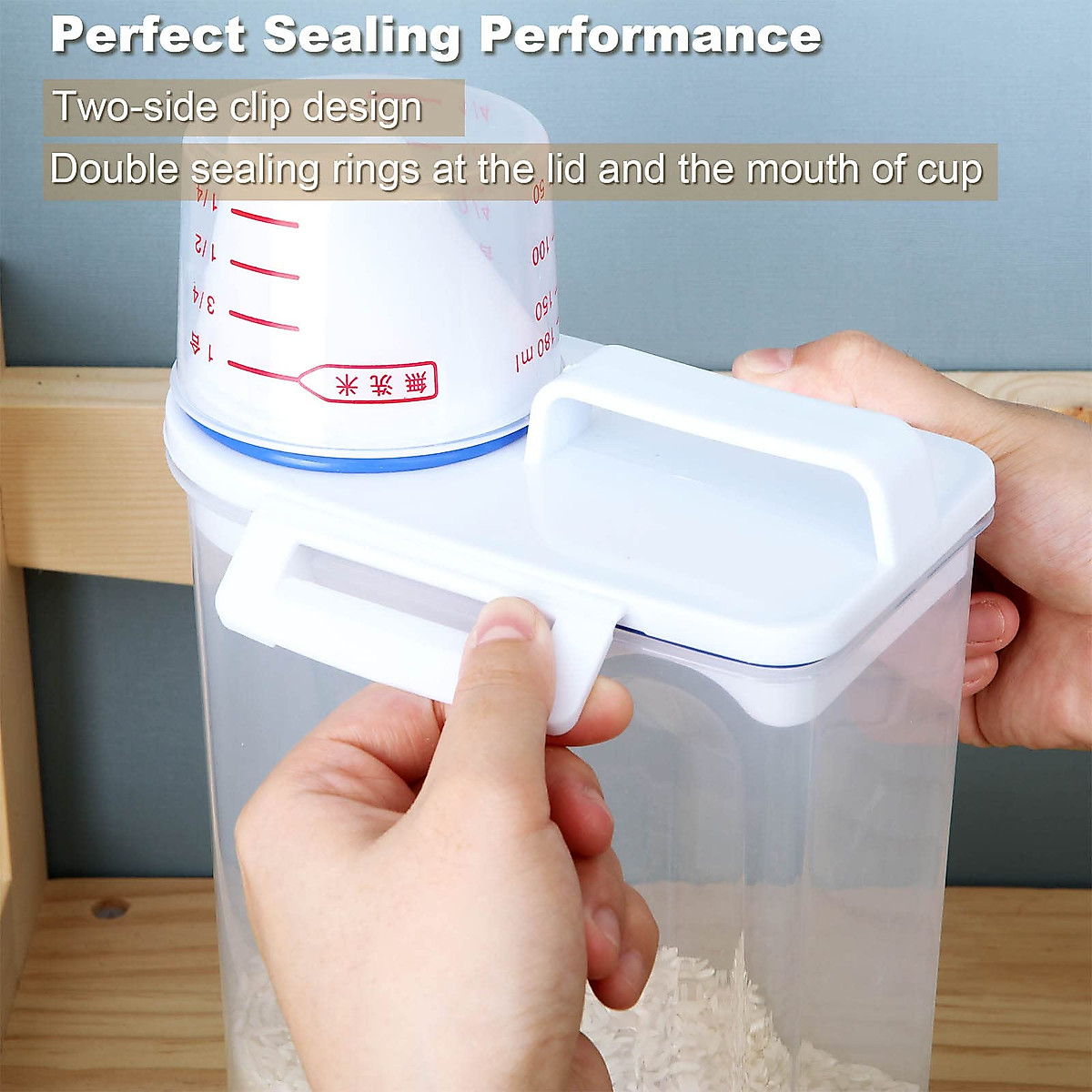 LDHHYH 4 Pack 5.5 LB Rice Storage Containers, Clear Rice Storage Bin with Measuring Cup & Pour Spout, Cereal Containers Dispenser, Kitchen Plastic Rice Holder Saver for Flour Grain Bean