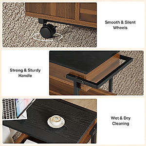 Tribesigns Rolling End Table with Rotating Tabletop for Living Room, Narrow Side Tables with 3 Tier Storage Shelves Magazine Drink Holder, Large Utility Cart for Bedroom Small Space Home, Black Brown