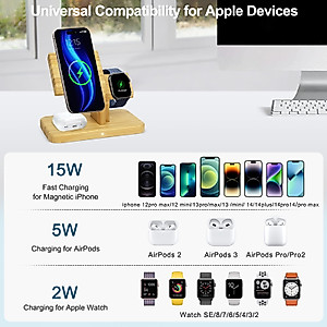 Wireless Charging Station for Apple Devices, 3 in 1 Bamboo Charger Stand, 20W Fast Magnetic Wireless Charger for iPhone 15/14/13/12 Pro/Pro Max/Plus/Mini, AirPods 3/2/Pro, iWatch /7/6/SE/5/4/3/2