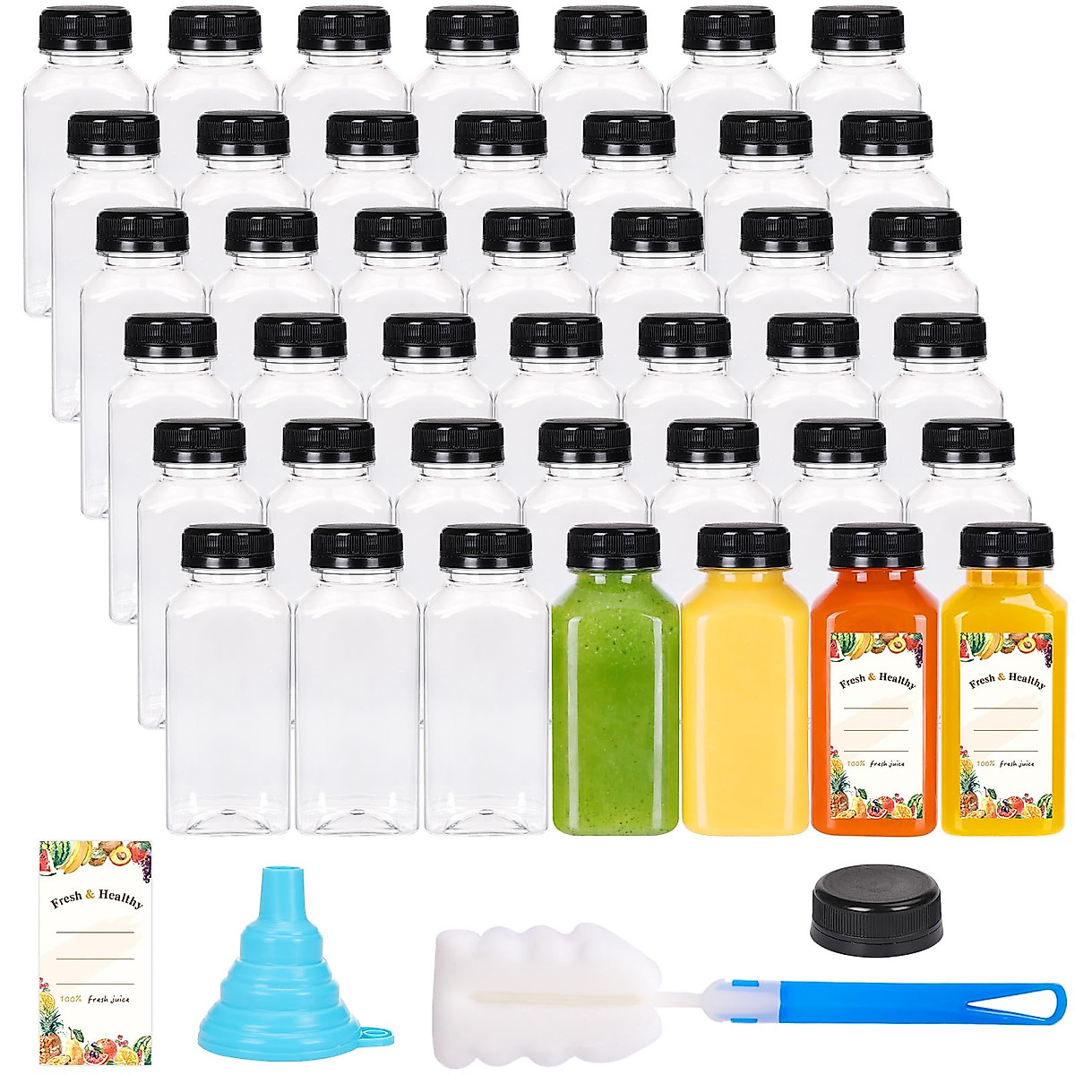 Moretoes Juice Bottles 42pcs 8 Oz Plastic Bottles with Lids, Reusable Clear Juicer Bottles with Black Tamper Evident Caps for Juice, Smoothies, Milk