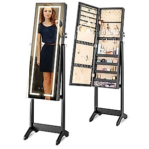 LUXFURNI LED Light Jewelry Cabinet Standing Full Screen Mirror Makeup Lockable Armoire, Large Cosmetic Storage Organizer w/Brush Holder (Black)
