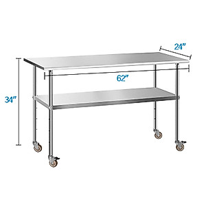 apwang Stainless Steel Work Table 24 x 62 Inch, Commercial Kitchen Prep & Work Table Heavy Duty Prep Worktable Metal Work Table with Wheels for Restaurant, Home and Hotel