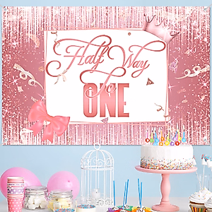 Half Way To One Birthday Backdrop Banner Decorations for Baby Girls Rose Gold 6 Months 1/2 Bday Background Photography Party Sign Decor Supplies Pink
