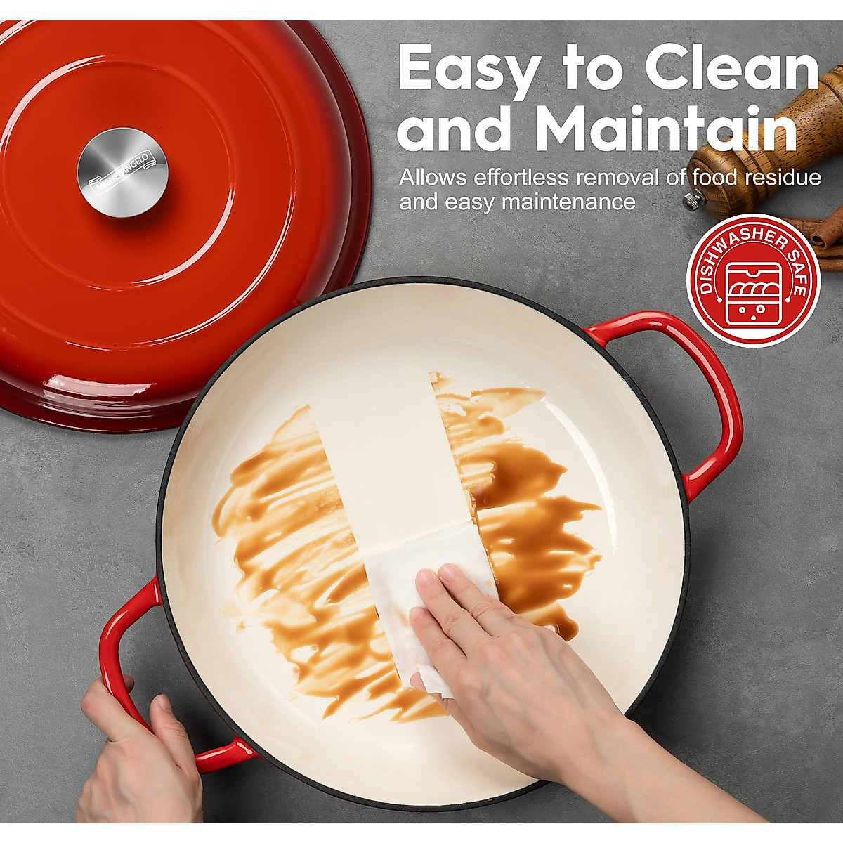 MICHELANGELO Braiser Enameled Cast Iron, 3.5 Quart Braiser Pan with Lid, Nonstick Braiser with Silicone Pads for Heat Insulation, Oven Safe Cast Iron Pan-Cherry Red