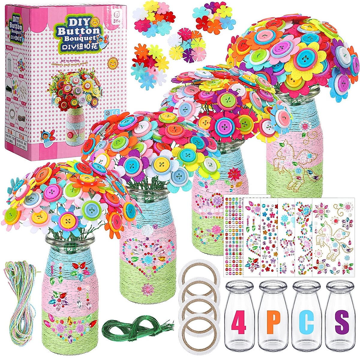 4 Sets Girls Crafts Ages 4-12 Make Your Own Flower Bouquet with Buttons and Felt Flowers, Vase Art and Craft for Children DIY Activity Christmas Thanksgiving Birthday Gift for Girls Boys