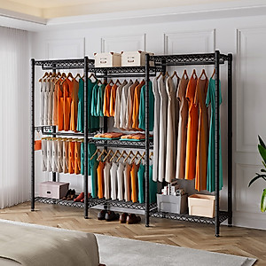 PUNION Heavy Duty Clothes Rack,Wire Garment Rack for Hanging Clothes,Multi-Functional Bedroom Clothing Rack with 5 Hanger Rod,7 Shelves,2 Side Hooks,Extra Wide 86"W X18”D X77”H, Max Load 1500LBS,Black