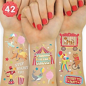 xo, Fetti Circus Party Temporary Tattoos - 42 Gold + Silver Foil Styles | Circus Birthday Party Supplies, Carnival Party Favors, Circus Animals Temp Tats, Clown Arts and Crafts