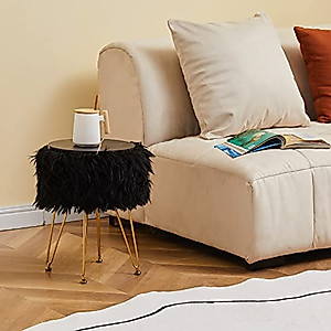Mxfurhawa Faux Fur Storage Ottoman Round Furry Vanity Stool Marble Grain Tray Coffee Table Compact Footrest Stool with 4 Metal Legs Soft Makeup Seat Foot Stools for Living Room Bedroom Entryway Black