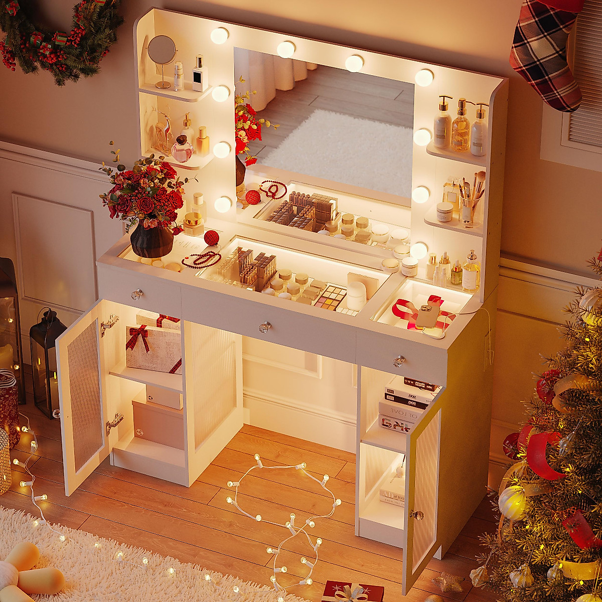 IFSEB Makeup Vanity with Glass Top, White Vanity Desk with Mirror and Lights, Big Vanity with Drawers & Cabinets for Bedroom, Cute Vanity with Crystal Knobs & Power Outlet for Women, Girls