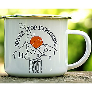 Never Stop Exploring Enamel Campfire Mug, Outdoor Enthusiast Camping Coffee Cup, Wanderlust Mountain Nature Hiking Camp Lover Gift (16oz)