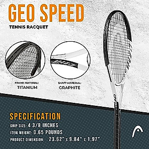 HEAD Geo Speed Adult Tennis Racket - Pre-Strung Head Light Balance 27.5 Inch Racquet - 4 3/8 In Grip, Black/White