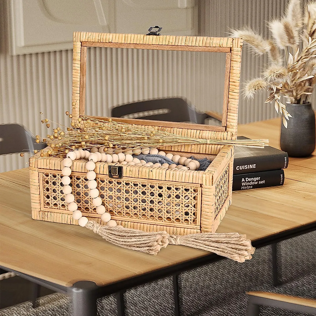 HUAXIN CRAFT H Rattan Decorative Box with Lid, Rectangular Woven with Glass for Display, Set of 2 Wicker for Decor