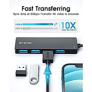 BYEASY USB Hub, USB 3.1 C to USB 3.0 Hub with 4 Ports and 2ft Extended Cable, Ultra Slim Portable USB Splitter for MacBook, Mac Pro/Mini, iMac, Ps4, PS5, Surface Pro,Flash Drive, Samsung(Black)