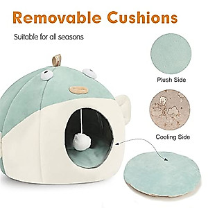 Vanansa Cat Bed for Indoor Cats, Large Covered Cat Bed with Anti-Scratch Lining, Ultra Soft Cat Hideaway, Cute Cat House with Hanging Toy, Pet Bed for Large Cats, Puppy Dog 9-13LB (Green L, 18" x 15")
