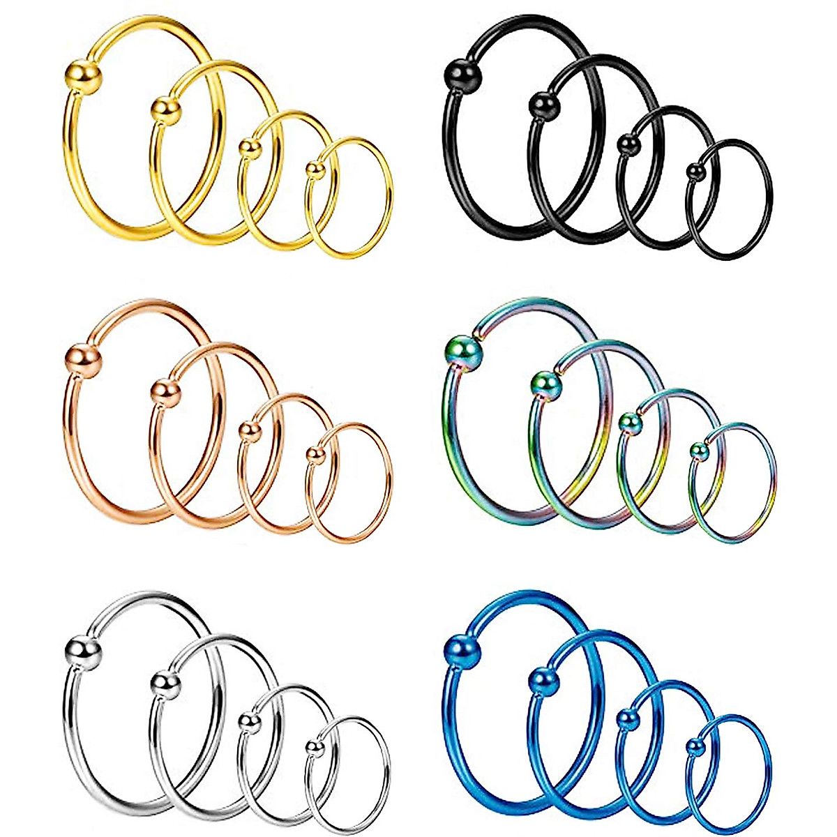 YOVORO 24PCS 20G Stainless Steel Nose Rings Hoop Cartilage Helix Ear Piercing Tragus Body Jewelry