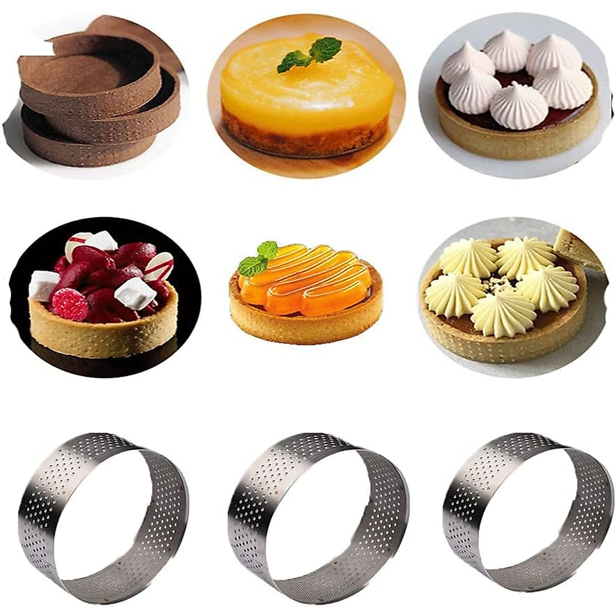 Exogio 10Pcs Circular Tart Ring 8 cm, Stainless Steel Porous Tart Bottom Ring, Heat-Resistant Perforated Pie Cake Mousse Mould Baking for Kitchen, Dessert Making