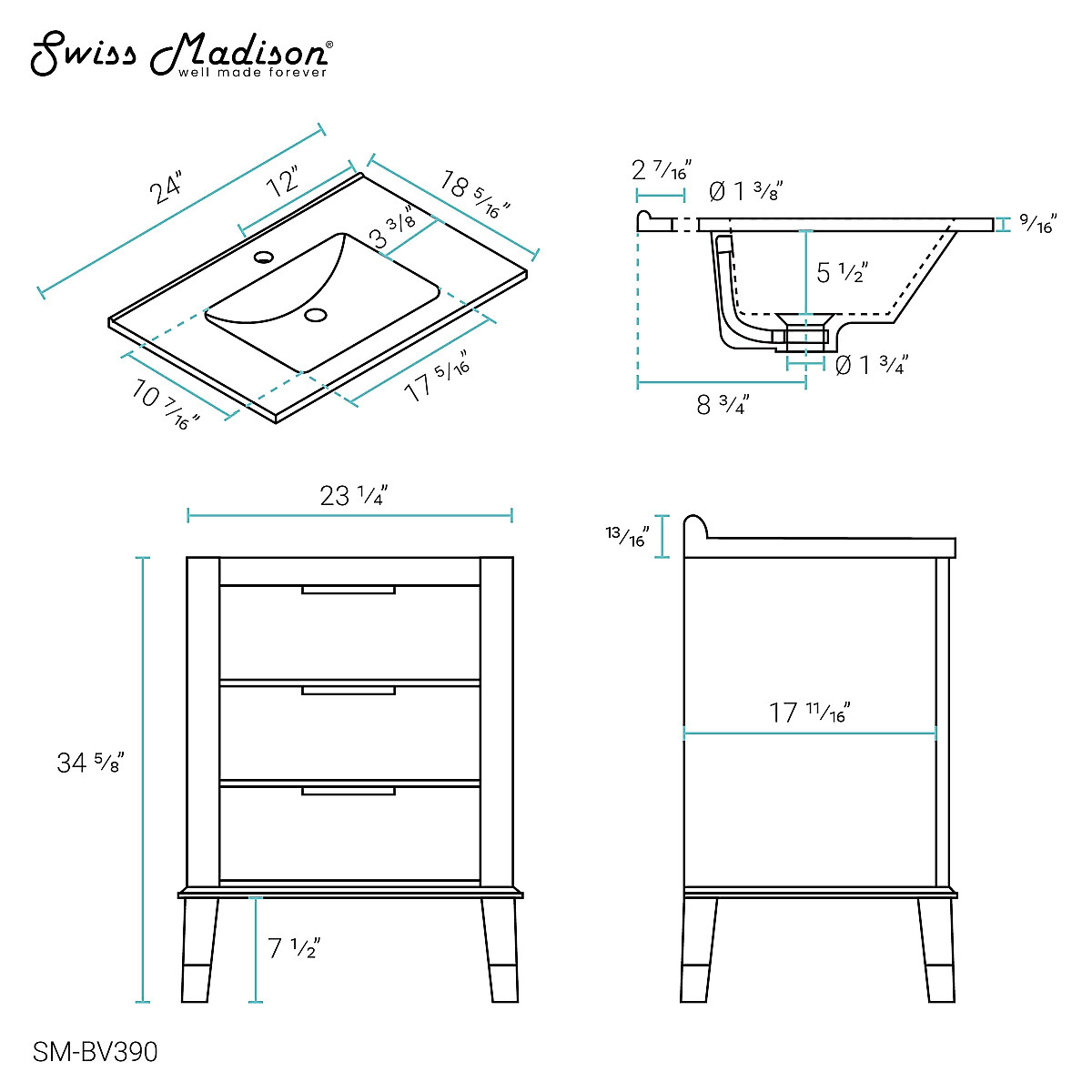 Swiss Madison Well Made Forever Hugo 24" Bathroom Walnut Bath Vanity