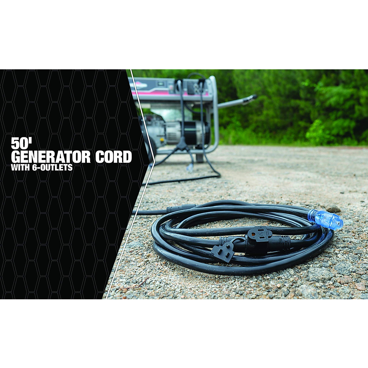 Southwire 65039101 12/3 50-Ft. Generator Power Cord, Black 6-Outlet