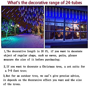 Kwaiffeo Outdoor Christmas Decorations, 24 Tubes(Equivalent to 3 Sets of 8-Tubes) LED Meteor Shower Lights for Xmas Tree Halloween Decoration Yard Lawn Outside Party, UL Plug, Blue Christmas Lights