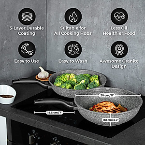 Wok Nonstick - Flat Bottom, Cast Aluminum Stir Fry Pan Non-Scratch Coating for Cooking, Boiling, Sautee, Steam - Ideal for Gas, Electric, Induction & Ceramic Stoves (11 inch Wok)