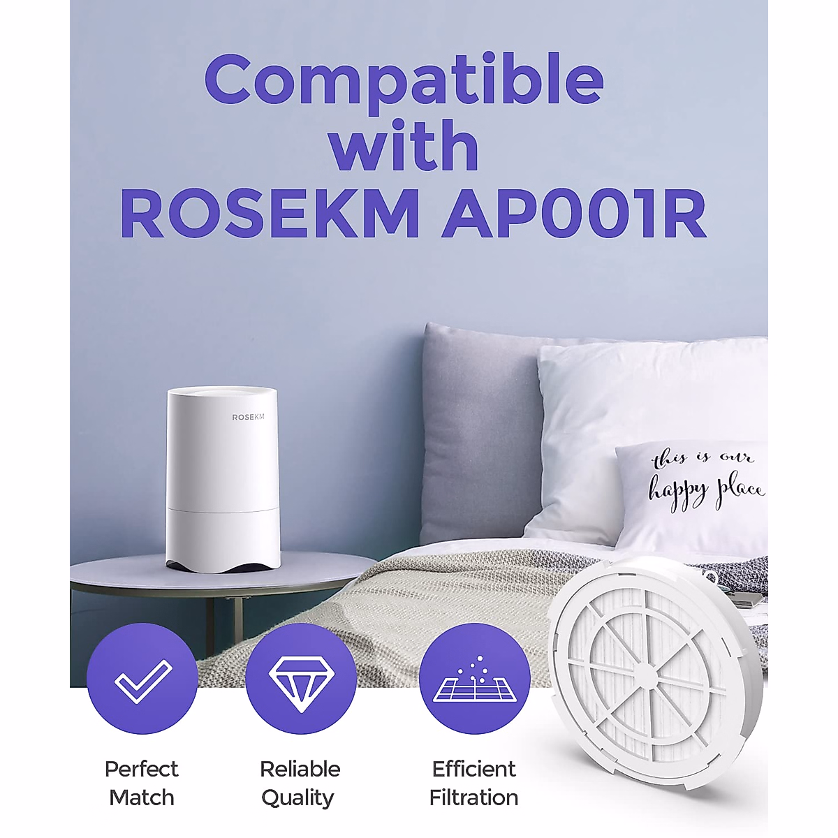 ROSEKM 1-Year Pack Air Purifier Replacement Filter for AP001R, True HEPA Filter, 4 Pack