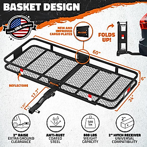 Mockins 60"x24"x6" Folding Trailer Hitch Cargo Carrier w/ 25 CuFt. Cargo Hitch Carrier Bag | 500 Lbs. Cap Weatherproof Steel Luggage Rack for SUV/Car & Vinyl Soft-Shell Car Carrier Cargo Bag
