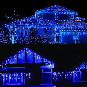 Blissun 360 LED Iciclelights, 29.5FT 8 Modes Curtain Fairy Lights with 60 Drops, Christmas Outdoor String Lights for Wedding Halloween Thanksgiving Party Home Garden Indoor Decorations, Blue