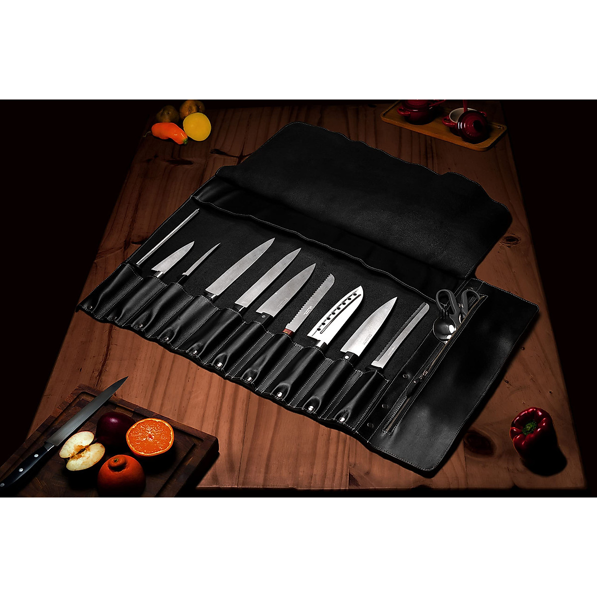EVERPRIDE Chef Knife Roll Bag Made of Genuine Top Grain Leather – Knife Bag Holds 10 Knives up to 18” PLUS Zippered Compartment for Cooking Accessories – Knives Not Included
