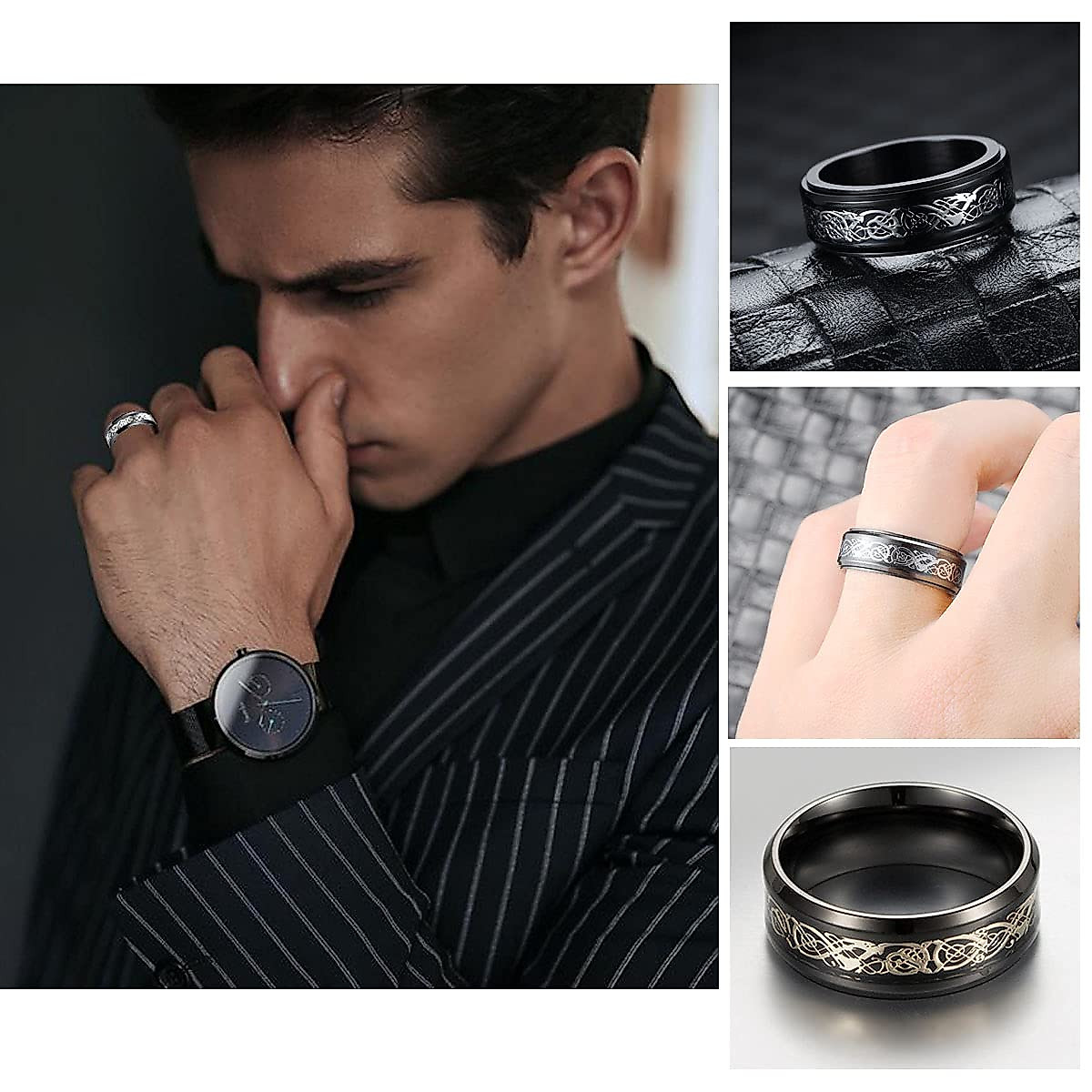 yfstyle 4PCS Stainless Steel Rings for Men Wedding Ring Cool Simple Band Rings for Men Black Plated Matte Finish Stackable Bands Rings Size 6-12-black set-8