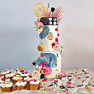 Makeup Cake Topper Cosmetics Artificial Rose Palm Leaves Happy Birthday Cake Toppers Spa Makeup Birthday Party Supplies for Girls (Pink)